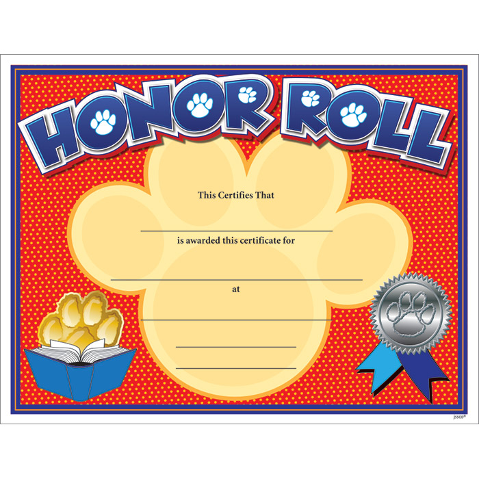 Paw Honor Roll Certificate - Colorful - Jones School Supply
